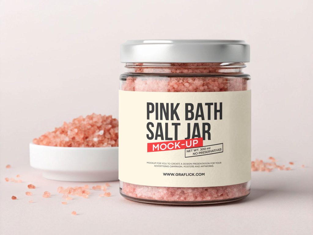 Free Clear Glass Jar With Pink Bath Salt Mockup | | GRAFLICK